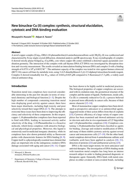 New Binuclear Cu Ii Complex Synthesis Structural Elucidation Cytotoxic And Dna Binding