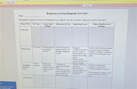 Solved Respiratory System Diagnostic Test Grid
