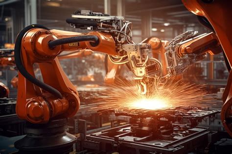 Premium Ai Image Industrial Welding Robotic Arm In Production Line
