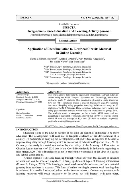 Pdf Application Of Phet Simulation To Electrical Circuits Material In