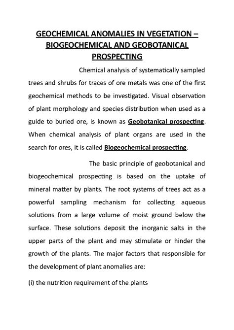 Geochemical Anomalies In Vegetation Geochemical Anomalies In Vegetation Biogeochemical And