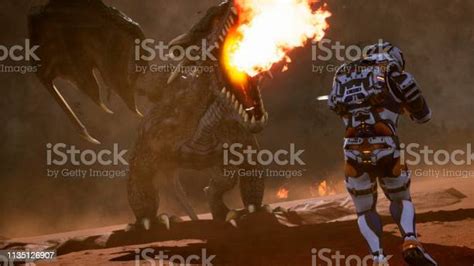 용에 대 한 우주 비행사 폭발 촬영 및 미지의 행성에 연기와 서사시 전투 3d 렌더링 3차원 형태에 대한 스톡 사진 및 기타 이미지 3차원 형태 가공의 인물 개념