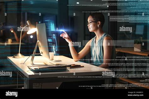 Computer Hologram Graphs And Woman Point At Finance Hud Stock Market Database Or Future Night