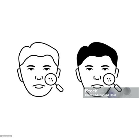 남자의 피부 라인과 실루엣 아이콘 세트의 피부과 진찰 페이셜 스킨 케어 심볼 컬렉션 돋보기로 소년 피부 얼굴 검사 건강 진단에 대한 스톡 벡터 아트 및 기타 이미지 Istock