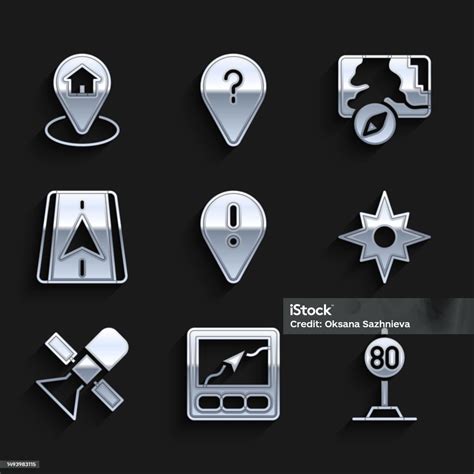 느낌표 Gps 장치 지도 속도 제한 교통 바람 장미 위성 도시 내비게이션 및 집 아이콘으로 위치를 설정합니다 벡터 개념에 대한 스톡 벡터 아트 및 기타 이미지 Istock