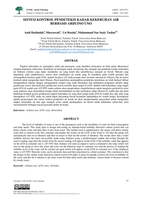 Pdf Sistem Kontrol Pendeteksi Kadar Kekeruhan Air Berbasis Arduino Uno