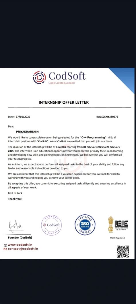 Internship Offer Letter From Codsoft Company Priyadharshini Elavarasan
