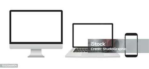빈 화면이 있는 격리된 스마트 장치 모형 세트 흰색 배경에 스마트폰 태블릿 노트북 및 데스크톱 노트북 전화와 컴퓨터의 빈 화면 템플릿입니다 벡터 그림 0명에 대한 스톡 벡터