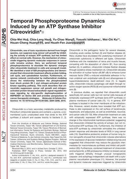 Pdf Temporal Phosphoproteome Dynamics Induced By An Atp Synthase Inhibitor Citreoviridin
