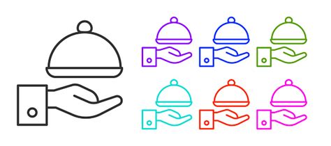 흰색 배경에 고립 된 음식 아이콘의 트레이로 덮여 검은 줄 트레이 및 뚜껑 표지판 뚜껑이 있는 레스토랑 클로쉬 다채로운 아이콘을 설정합니다 벡터 3차원 형태에 대한 스톡