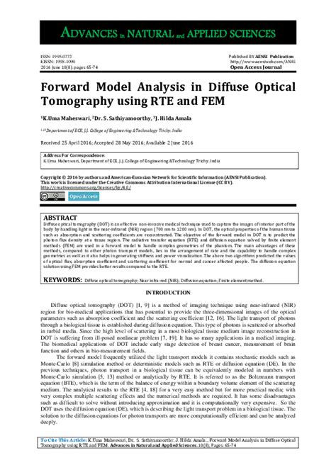 Pdf Forward Model Analysis In Diffuse Optical Tomography Using Rte