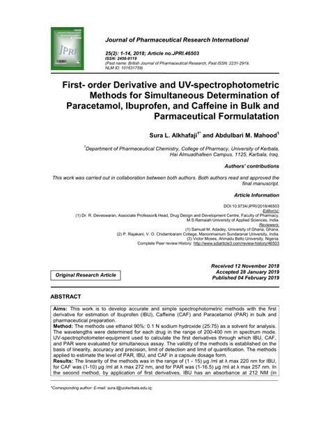 Pdf First Order Derivative And Uv Spectrophotometric Methods For