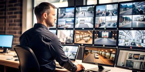 Modern Control Room With Security Guard Monitoring Surveillance Screens Photo Realistic Concept