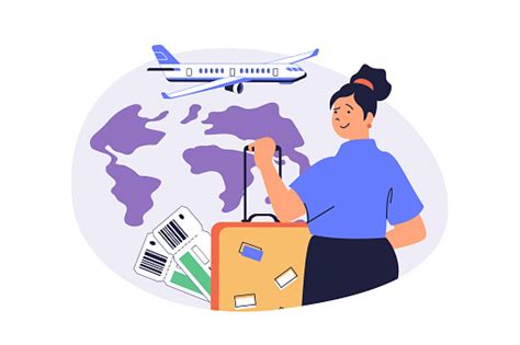 웹 사이트 디자인을위한 평면 만화 사람들과 여행 및 관광 웹 개념 수하물을 가진 여성이 항공권을 예약하고 새로운 국가를 방문하여