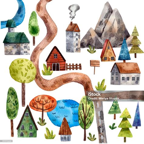 수채화 풍경 카드 산과 시골 관광지도 손으로 그린 만화 스타일의 일러스트레이션 마법의 풍경 호수와 강 단순히 드로잉 스타일 귀여운 집과 나무 야외 산책 0명에 대한 스톡