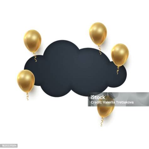 사실적인 황금 풍선 리본 뱀 색종이 조각 및 검은 종이 컷 구름을 재치 있게 보여주는 포스터 카드 파티 디자인 전단지 포스터