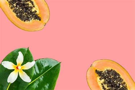 체리 핑크 배경에 반으로 익은 육즙 파파야 흰색 꽃 녹색 야자수 잎에 잘라 열대 과일 여름 건강한 생활방식에 대한 스톡 사진 및 기타 이미지 Istock