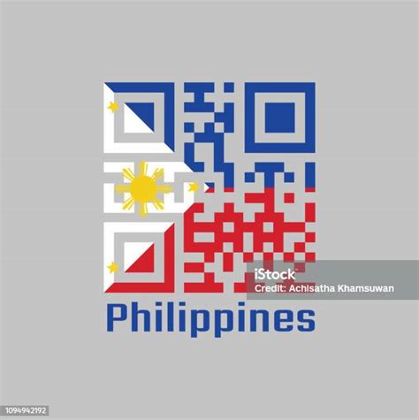 Qr 코드는 필리핀 깃발 수평 블루와 레드의 색을 설정 백색 등변 삼각형 호 이스트 그것의 정점에서 금 별 및 센터에서 골드 태양에 기반 Qr코드에 대한 스톡 벡터 아트 및