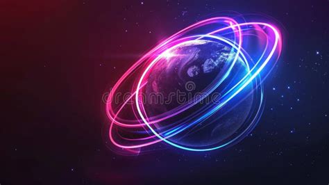 Glowing Quantum Particle Model With Neon Orbits Stock Illustration