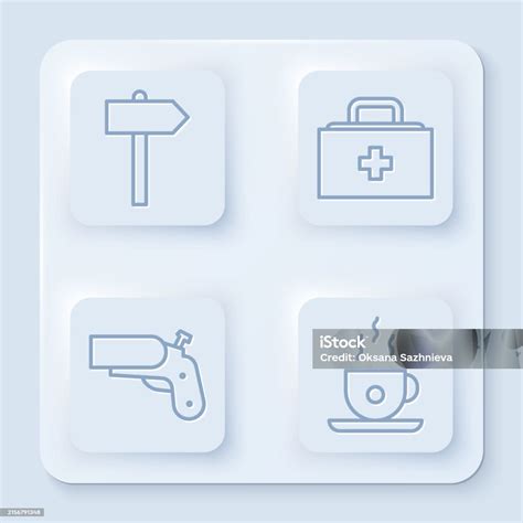 도로 교통 표지판 구급 상자 조명탄 권총 및 커피 컵을 설정합니다 흰색 사각형 버튼입니다 벡터 1위에 대한 스톡 벡터 아트 및 기타 이미지 Istock