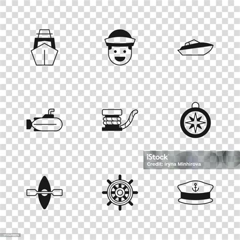 선박 스티어링 휠 나침반 선장 모자 로프가 있는 해양 볼라드 스피드 보트 요트 범선 선원 및 잠수함 아이콘을 설정합니다 벡터 가공의 인물에 대한 스톡 벡터 아트 및 기타