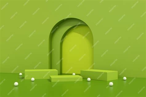 제품 프리젠테이션 디스플레이 스탠드 스톡 3d 일러스트레이션 배경을 위한 최소한의 추상적 기하학적 연단 녹색 배경 프리미엄 사진