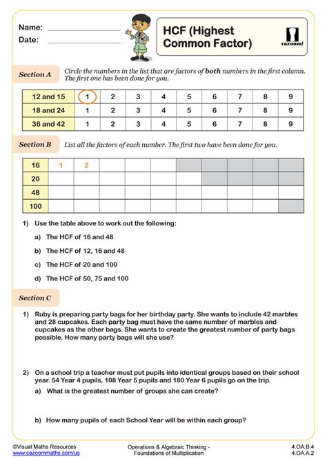 hcf highest common factor worksheet fun and engaging 4th grade pdf