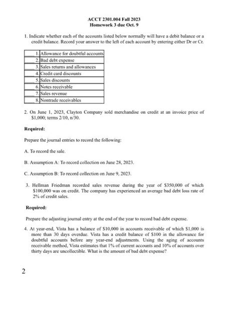 Solved Acct 2301 004 Fall 2023 Homework 3 Due Oct 9 1