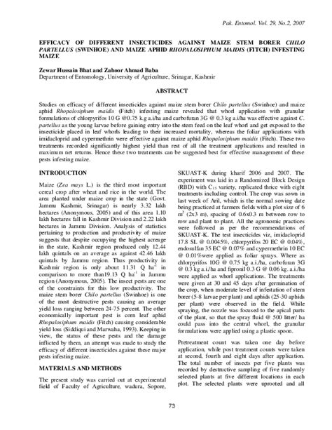 Pdf Efficacy Of Different Insecticides Against Maize Stem Borer Chilo Partellus Swinhoe And