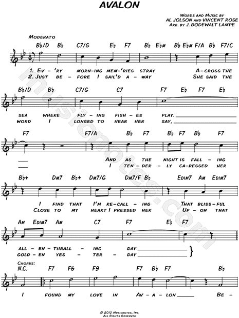 Vincent Rose Avalon Sheet Music Leadsheet In Bb Major Transposable