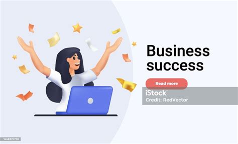 사업 성공 집에서 일하는 노트북을 가진 행복한 여자 3d 렌더링 벡터 프리랜서 원격 작업 배너 웹 사이트 3차원 형태에 대한 스톡 벡터 아트 및 기타 이미지 Istock