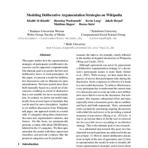 Modeling Deliberative Argumentation Strategies On Wikipedia Acl Anthology