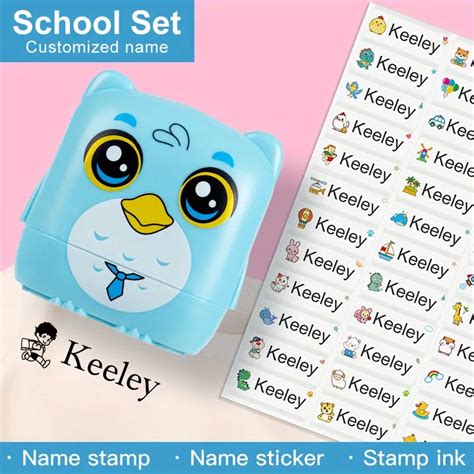 1pc 학교 세트 의류 이름 스탬프 및 투명 이름 스티커 블루 버드 맞춤 만화 어린이 이름 인감 맞춤 학생 스탬프 유치원 옷