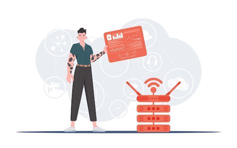 Premium Vector Iot And Automation Concept A Man Holds A Panel With Analyzers And Indicators In