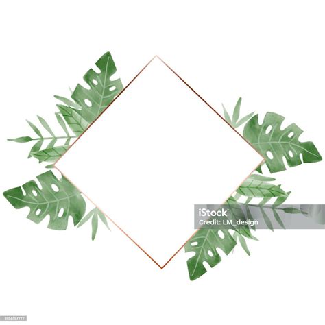 열대 나뭇잎 마름모 프레임 수채화와 로즈 골드 정글은 프레임을 나뭇잎 몬스 테라 야자 잎 흰색 배경에 격리된 손으로 그린 그림