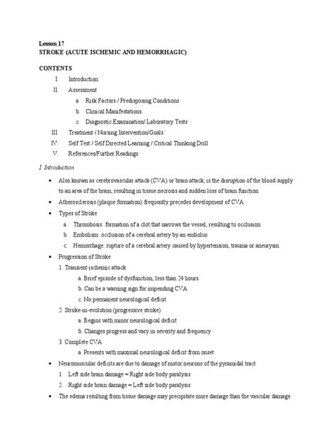 Ncm 118 Lesson 17 Ishemic And Hemorrhagic Cva Pdf Stroke Ischemia