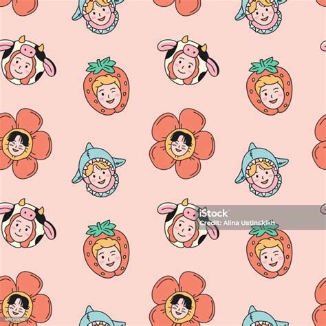 재미있는 모자를 쓴 젊은이들의 초상화가 있는 매끄러운 패턴 귀여운에 대한 스톡 벡터 아트 및 기타 이미지 귀여운 꽃 식물