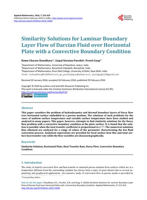 Pdf Similarity Solutions For Laminar Boundary Layer Flow Of Darcian Fluid Over Horizontal