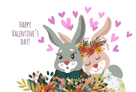 흰색에 고립 된 꽃과 마음으로 클로즈업 사랑에 토끼의 커플 귀여운 손으로 그린 벡터 발렌타인 데이 카드입니다 0명에 대한 스톡 벡터 아트 및 기타 이미지 Istock