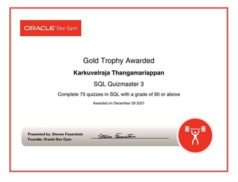 karkuvelraja thangamariappan on linkedin oracle devgym developer moca quizz oraclesql