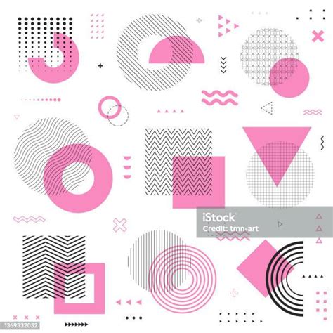추상 적인 분홍색과 검은 색 기하학적 모양 패턴 포스터 배너 아트워크 광고 인쇄를 위한 멤피스 스타일 요소 트렌디 한 배경 0명에 대한 스톡 벡터 아트 및 기타 이미지