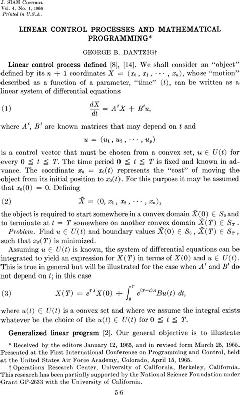 Linear Control Processes And Mathematical Programming Siam Journal On Control And Optimization