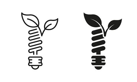 나선형 전구 라인과 실루엣 아이콘 세트 에코 전력 전구 잎 픽토그램 흰색 배경에 생태 전기 에너지 기호 컬렉션입니다 고립된 벡터