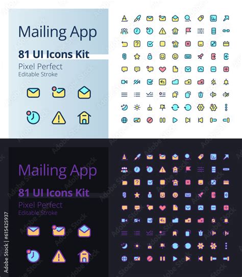 Mailing App Pixel Perfect Rgb Color Ui Icons Kit For Dark Light Mode