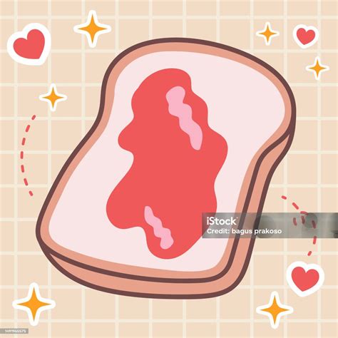 딸기 잼 토스트 또는 아침 식사 빵 그림의 카와이 음식 만화 아이 제품 스티커 셔츠 벽지 카드에 대한 일본 낙서 스타일의 귀여운 벡터 아이콘 0명에 대한 스톡 벡터 아트 및