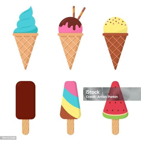 아이스크림 와플 콘과 아이스크림 의 컬렉션 스틱에 초콜릿 화이트 배경에 수박세트 여름 아이스크림 세트 냉동 스위트 선대 격리된 벡터 일러스트레이션 0명에 대한 스톡 벡터