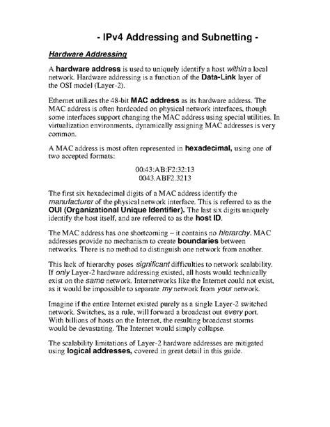 Ipv4 Lec Notes Network Management Ipv4 Addressing And Subnetting Hardware Addressing A
