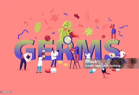 세균 및 바이러스 개념 거대한 녹색 미생물로부터 보호하는 사람들 남성과 여성 캐릭터는 약 및 백신 포스터 배너 전단지 브로셔와