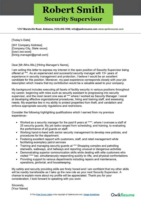 Security Supervisor Cover Letter Examples Qwikresume