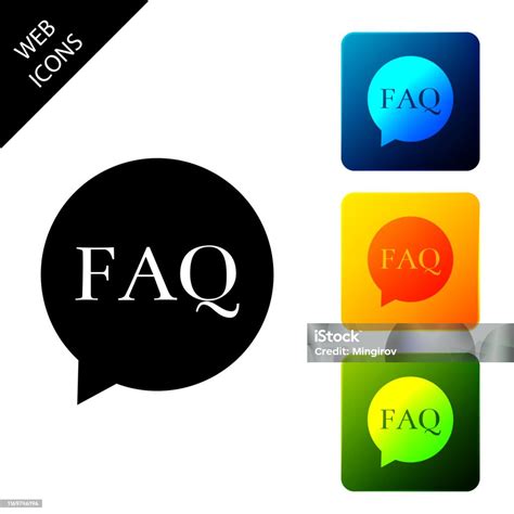 텍스트 Faq 정보 아이콘이 격리된 음성 풍선입니다 텍스트 Faq와 원 버튼 설정 아이콘 다채로운 사각형 버튼 벡터 일러스트레이션 개념에 대한 스톡 벡터 아트 및 기타